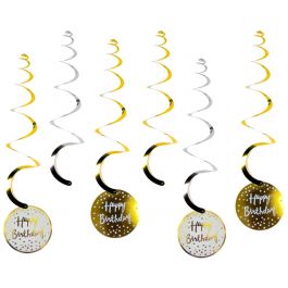 Swirls Happy Birthday Wit/Goud (6st) | Daily Style